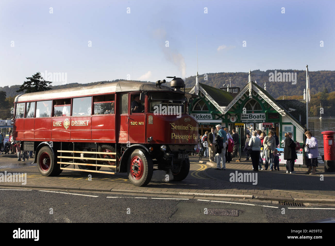 Sentinel Steam Passenger Bus driving around Bowness on Windermere Lake ...