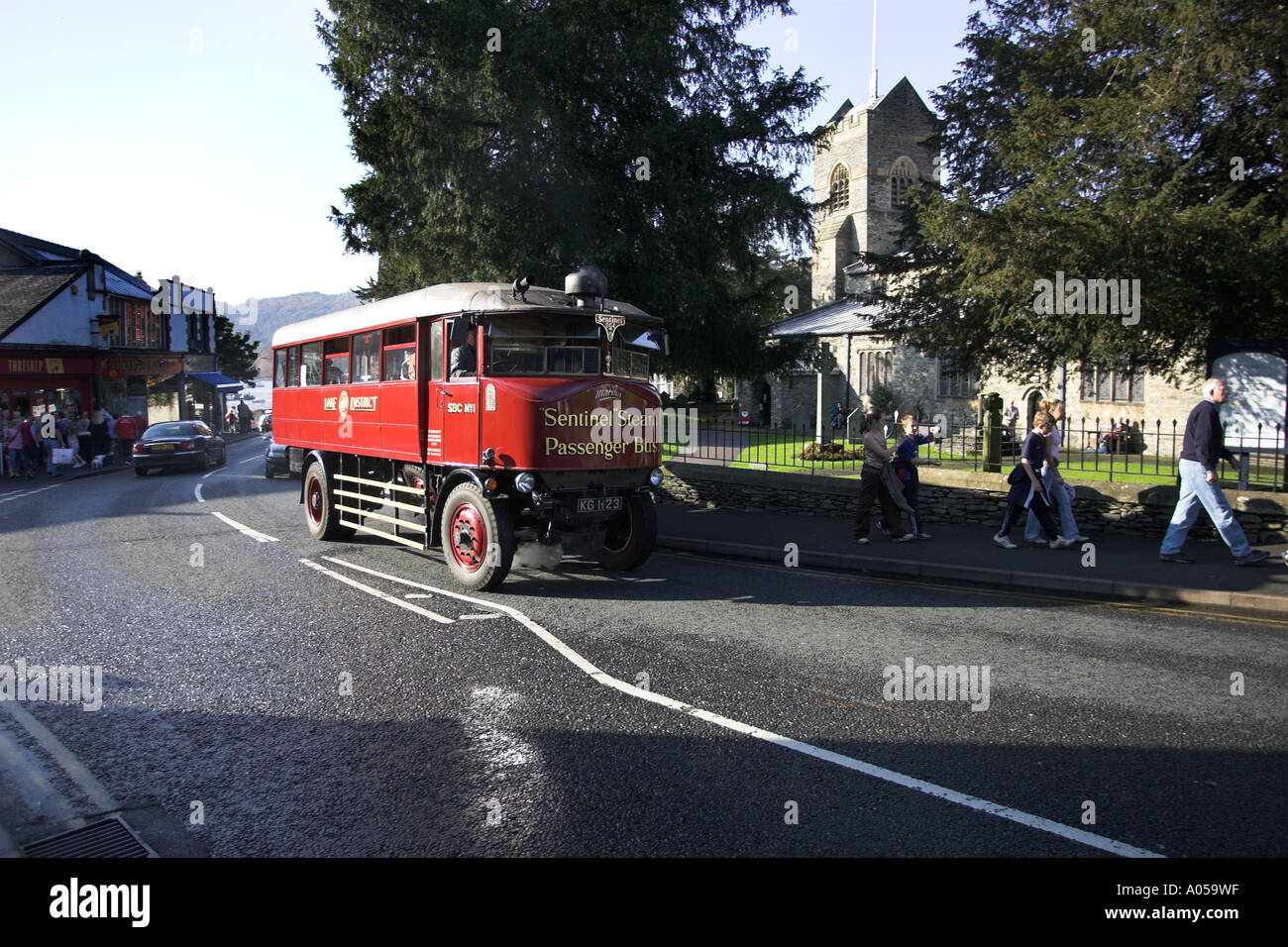 Sentinel Steam Passenger Bus driving around Bowness on Windermere Lake ...