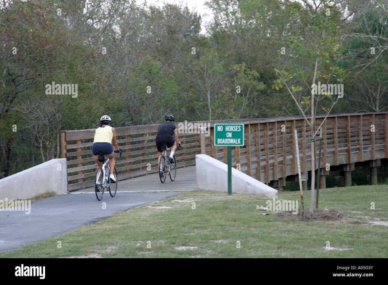 Bikers riding along the trails in George Bush Park in Houston Texas ...