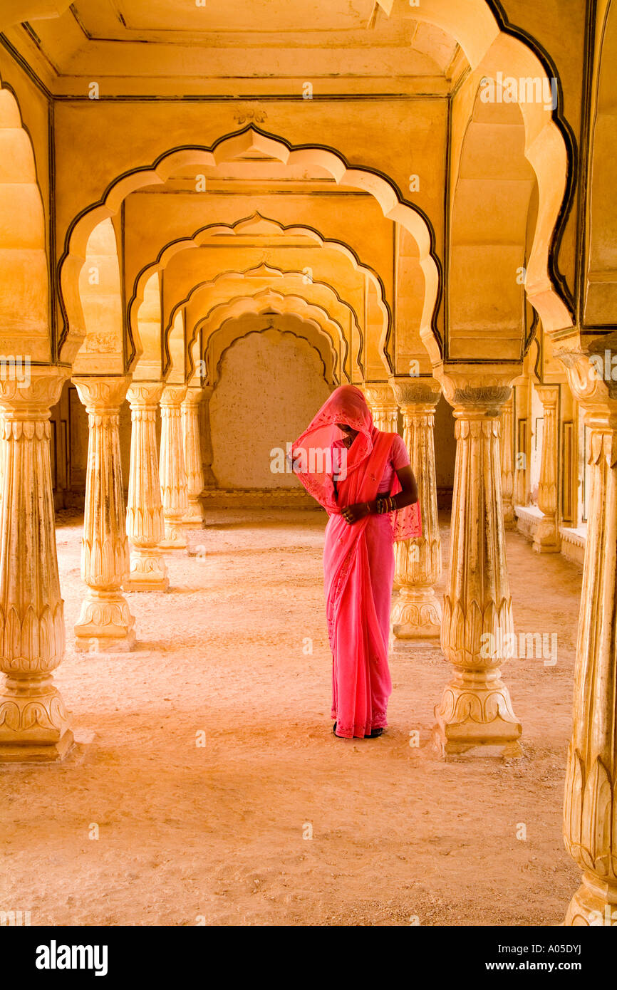 Beautiful graphic arches with colorful Hindu gentle woman posed at ...