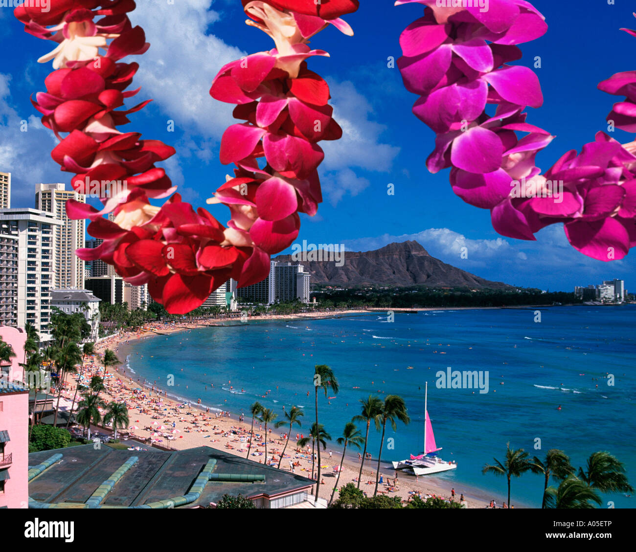 Waikiki Beach, Daytime Coastal View & Lei Stock Photo - Alamy