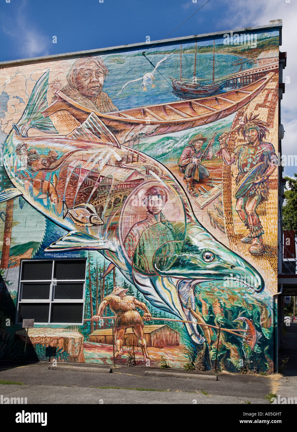 Mural of fishing on building wall Bellingham USA Stock Photo - Alamy