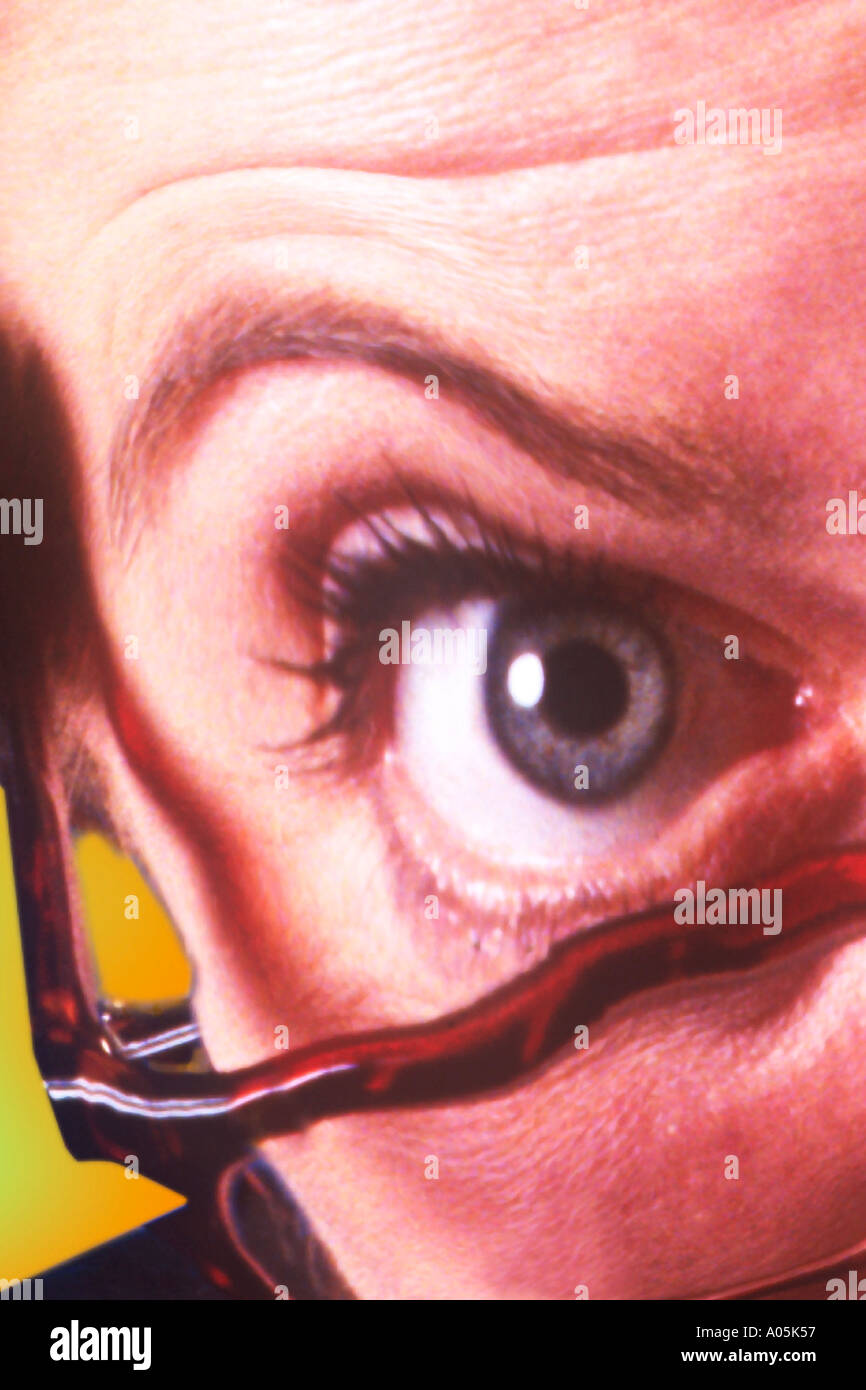 Distorted image of a woman eye and raised eyebrow looking out from ...