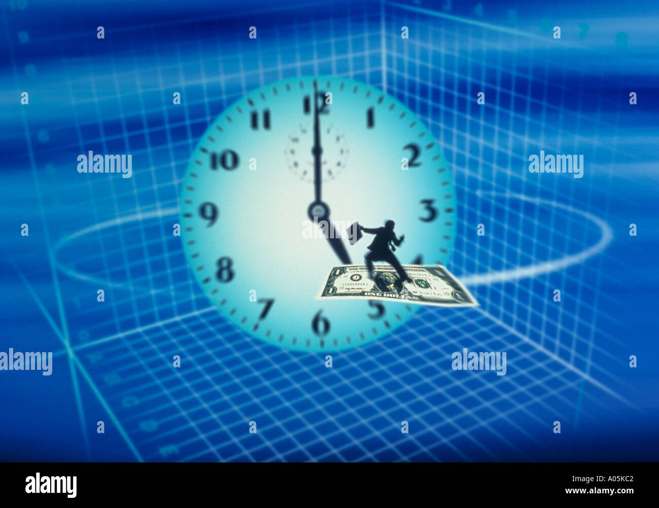 Computer generated image of a man standing on a dollar bill rotating ...