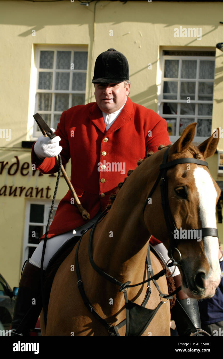 Huntsman in red coat riding horse at fox hunt meeting in UK Stock Photo ...