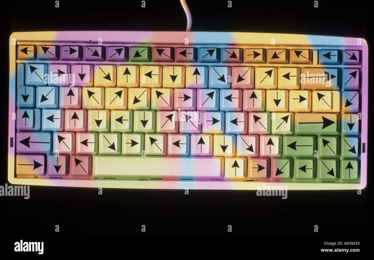 Overhead view of a computer keyboard with different colors on it and ...