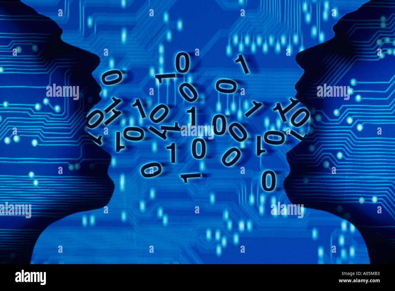 Computer generated image of two transparent faces spewing out numbers ...