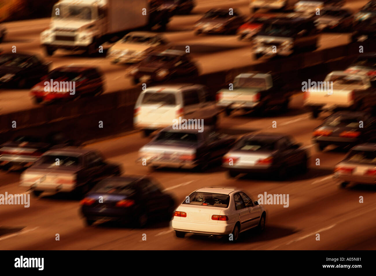 Cars in traffic on Los Angeles highway with blurred effect Stock Photo ...