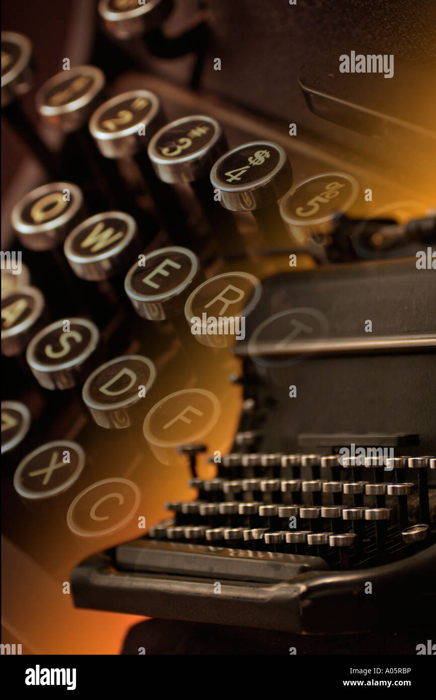 Antique typewriter with overlay of close up of typewriter keys on blue ...