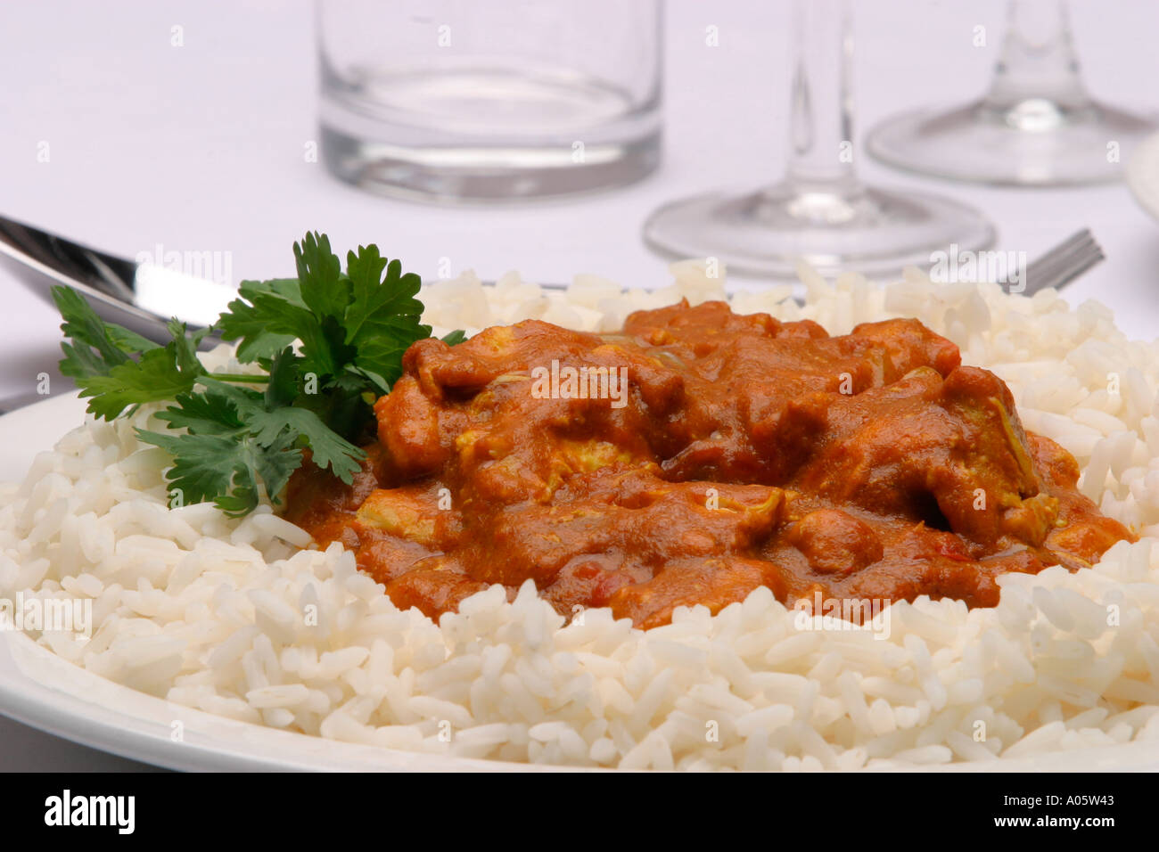 Food Indian Asian main course chicken Curry with plain rice Stock Photo ...