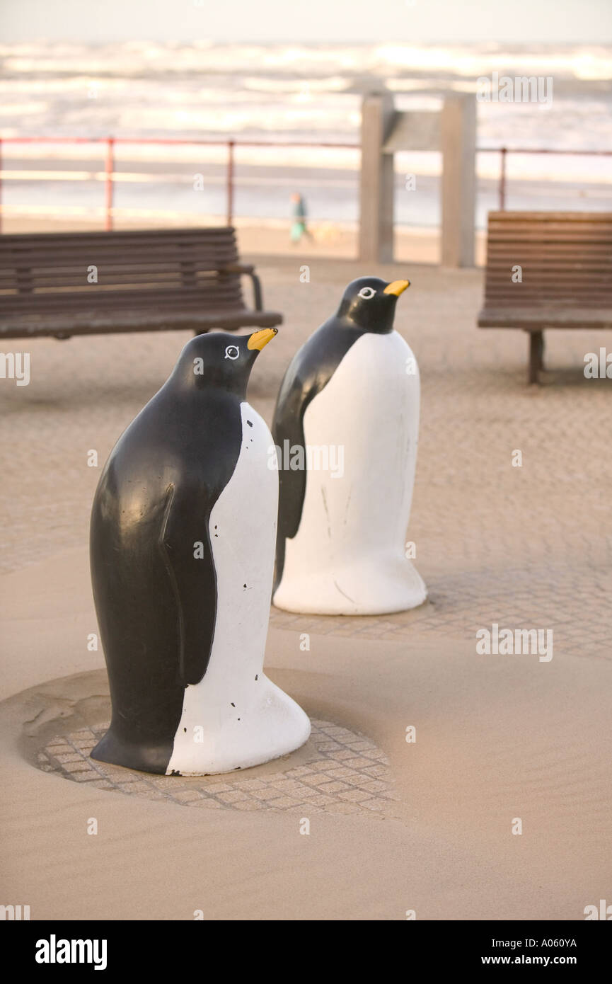 Penguins surrounded by sand on the seafront at Redcar, Teeside, England ...