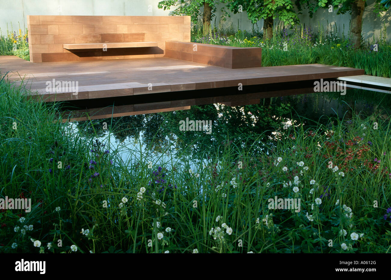 Pond and plants in architectural garden with patio and integral bench ...
