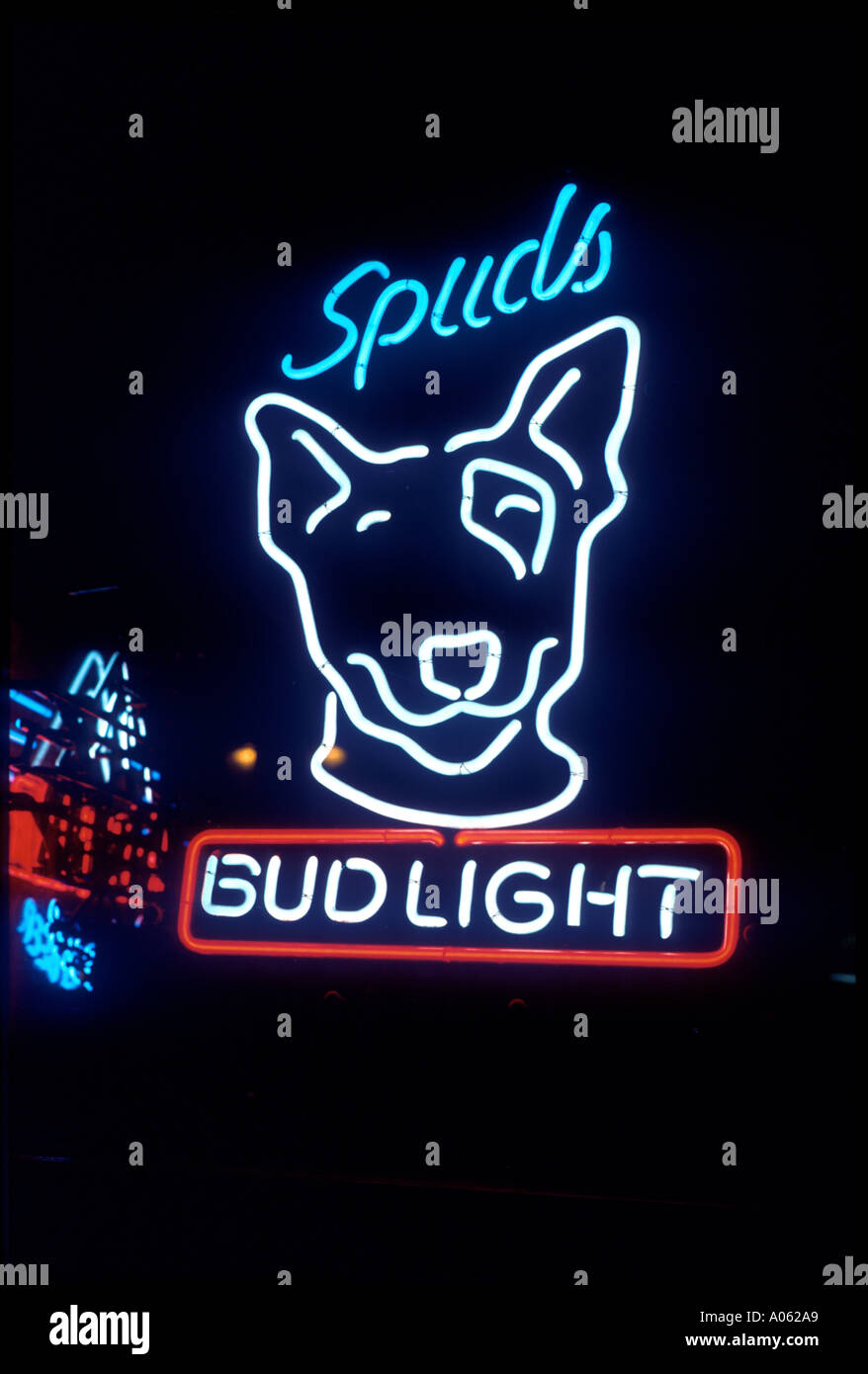 Spuds Bud Light Neon Sign Stock Photo - Alamy