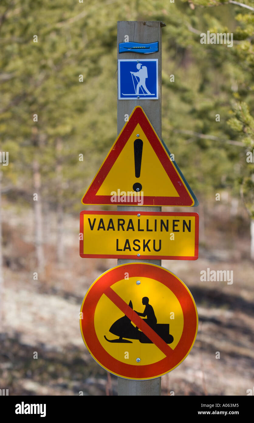 Finnish traffic sign at hiking route warning about dangerous descent ...