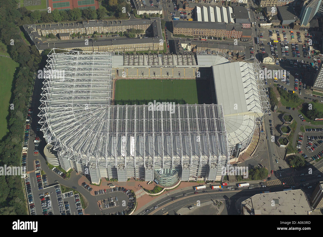 Aerial view of Newcastle United Football Club, also known as St James' Park in Newcastle upon ...