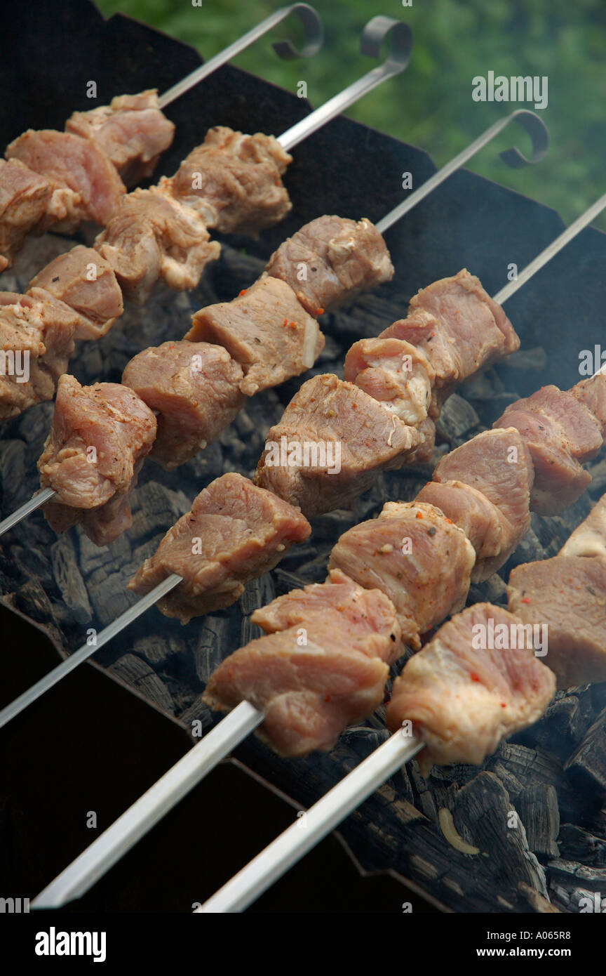 Pieces of meat are seen roasted on the skewer Stock Photo - Alamy