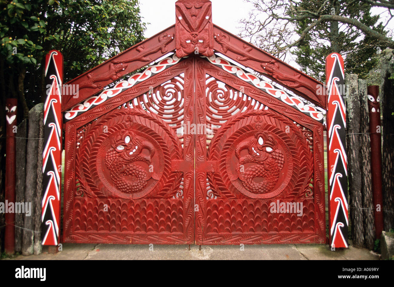 The red decorative gates belonging to the Turangawae marae one of the ...