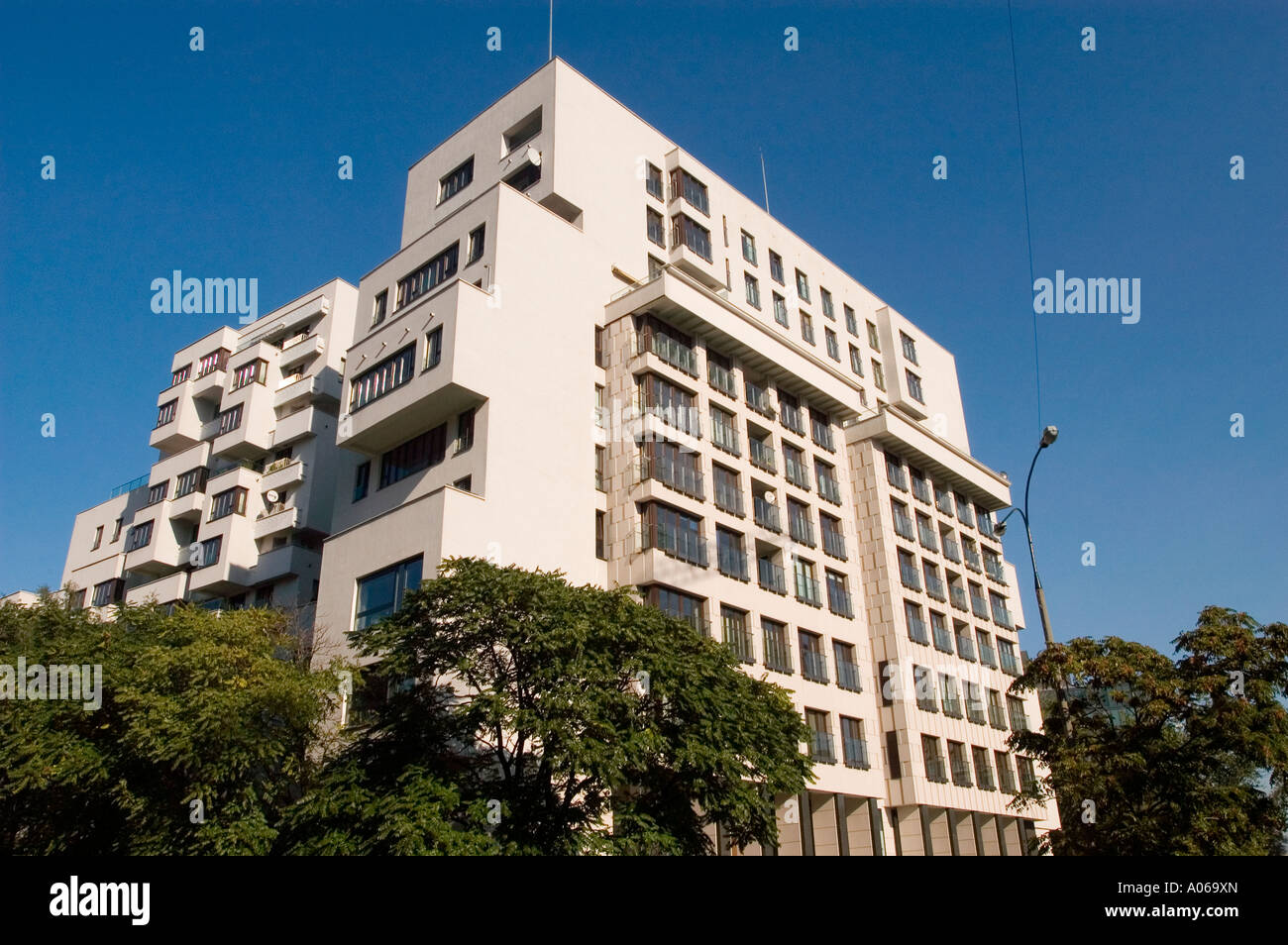 White modern architecture expensive flat block in Warsaw city centre ...