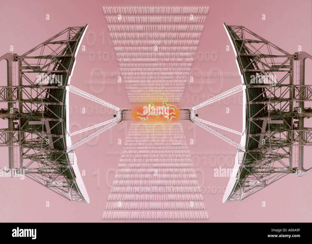 Communications satellite dish. Up link and binary numbers Stock Photo ...