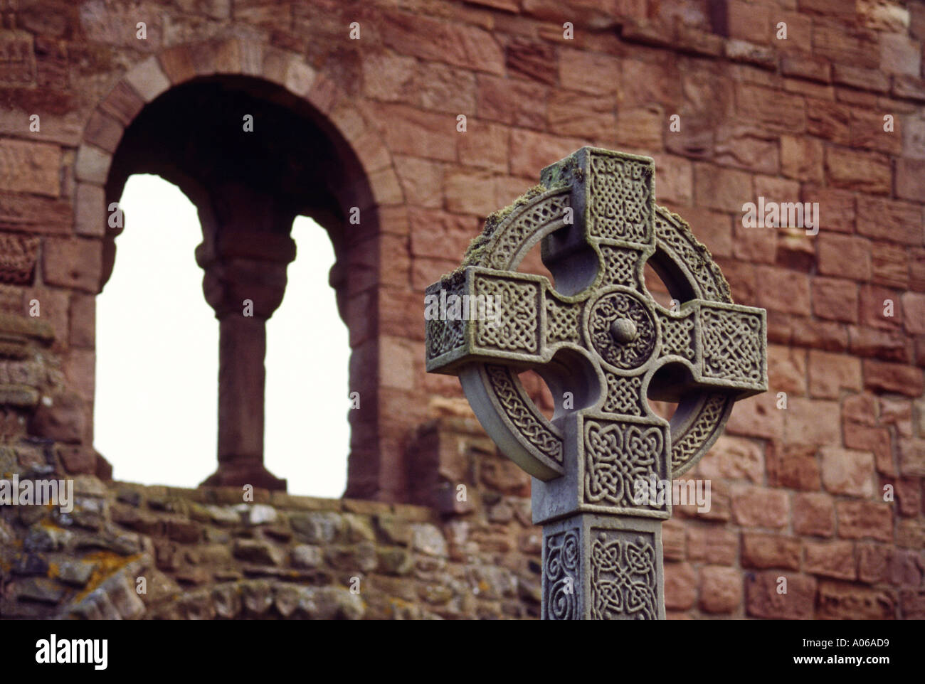 Celtic Cross at Lindisfarne Priory in North East England Stock Photo ...