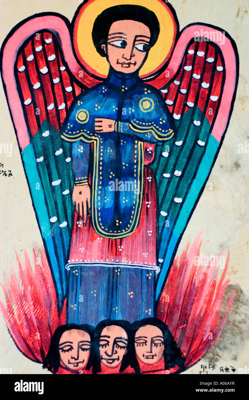 Traditional Ethiopian Orthodox church painting of an angel with damned ...