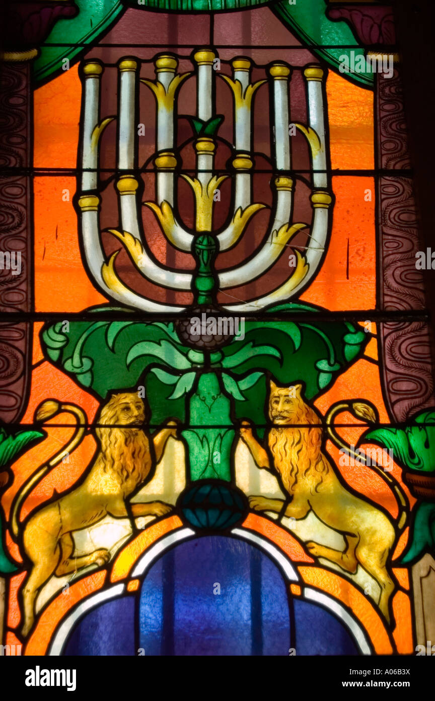 Stained glass Menorah of Jewish Temple or Tempel Synagogue in Kazimierz ...