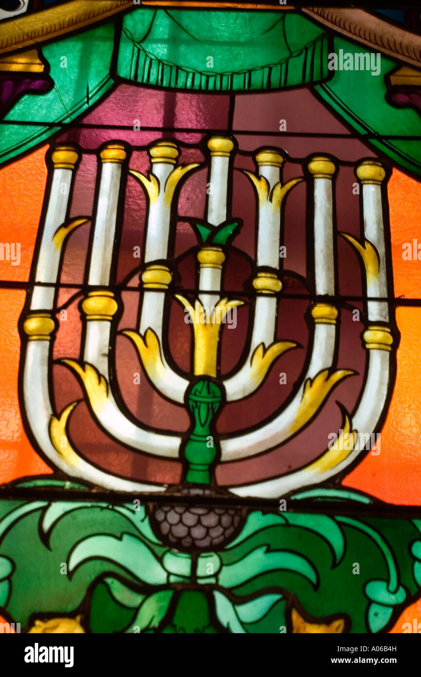 Stained glass Menorah of Jewish Temple or Tempel Synagogue in Kazimierz ...