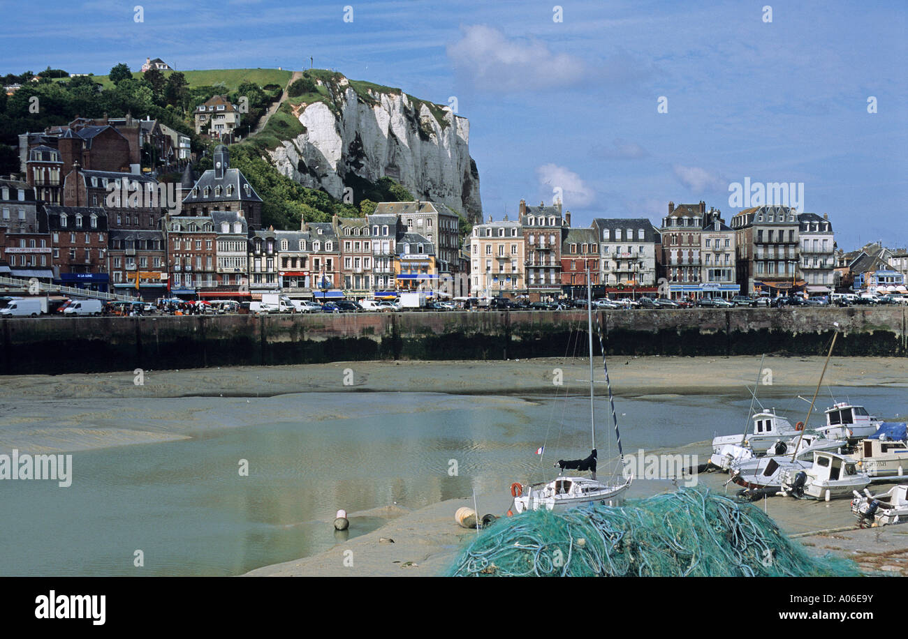 Town of Le Treport with a backdrop of white cliffs viewed from across ...