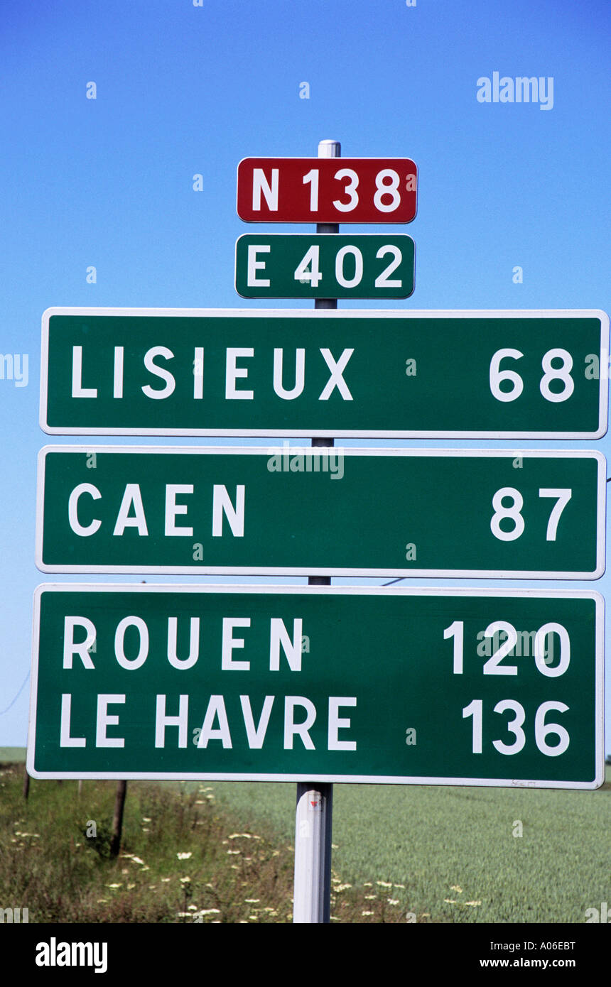 Detail of road signs in Normandy Stock Photo - Alamy