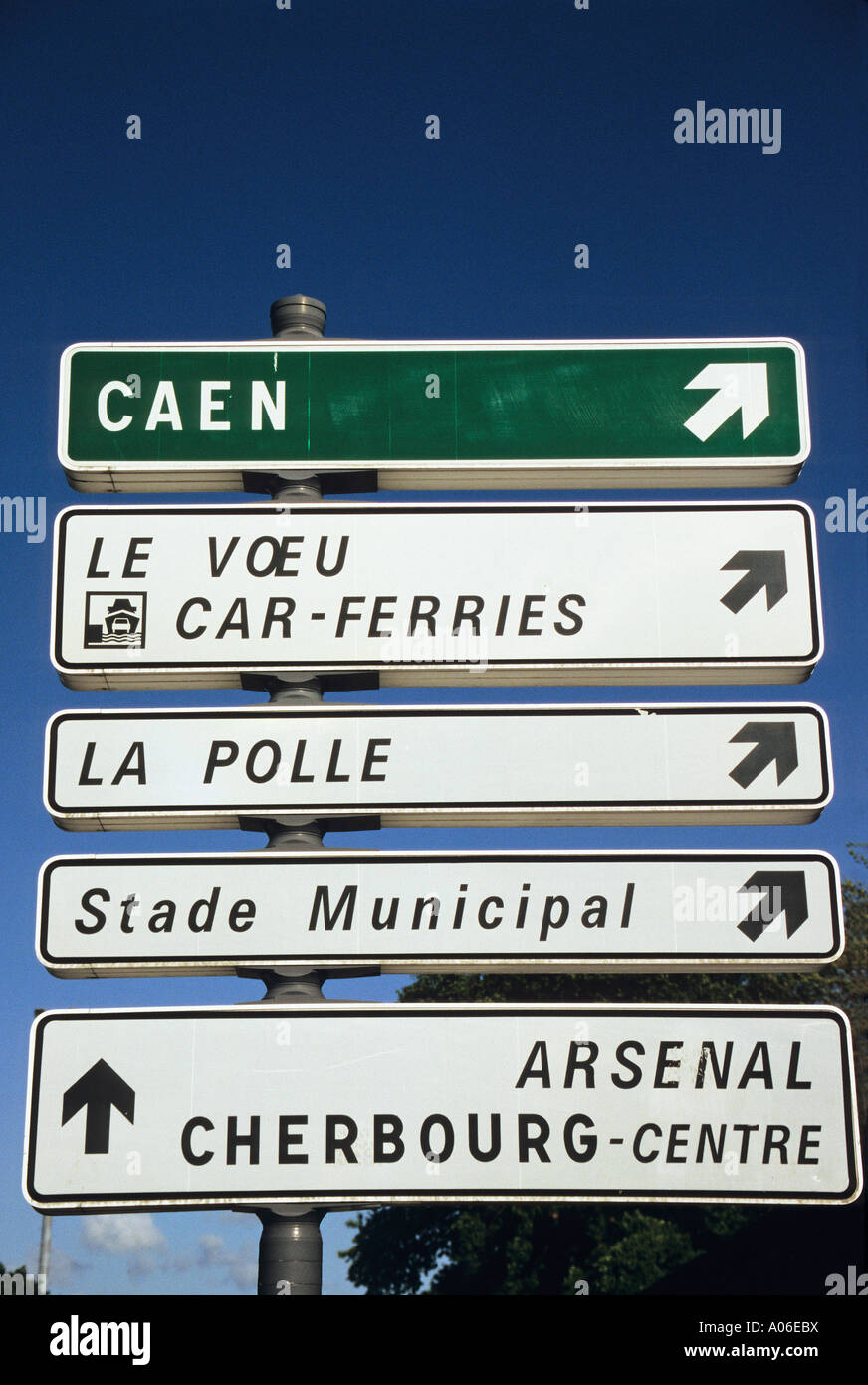 Detail of road signs in Normandy Stock Photo - Alamy