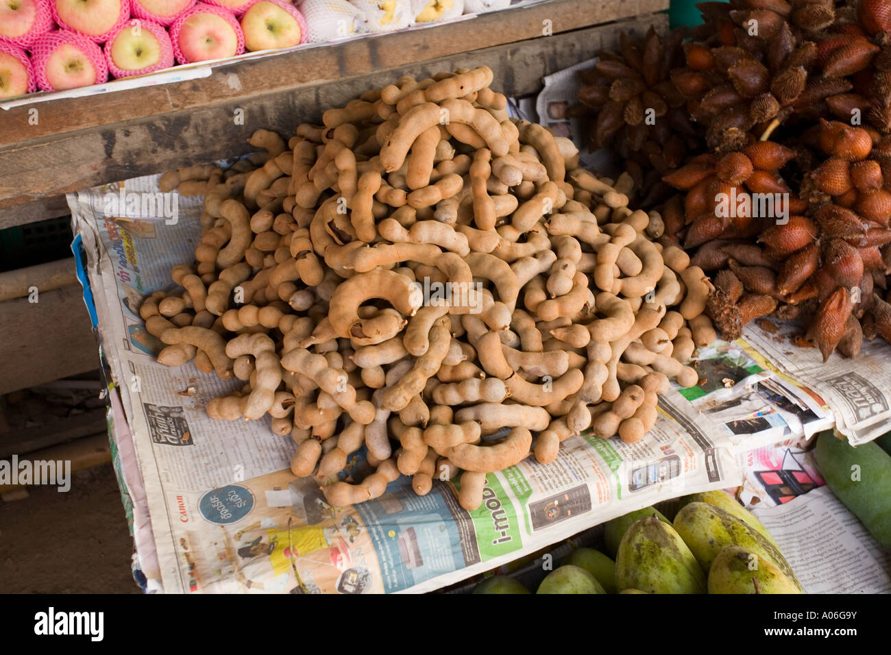 Tamarind on sale at a market stall selling various fruits, Chaweng, Ko ...