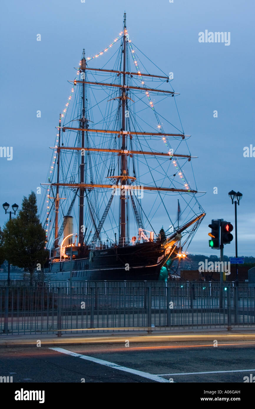 Christmas lights and decorations lighting up the RRS Discovery ship at ...