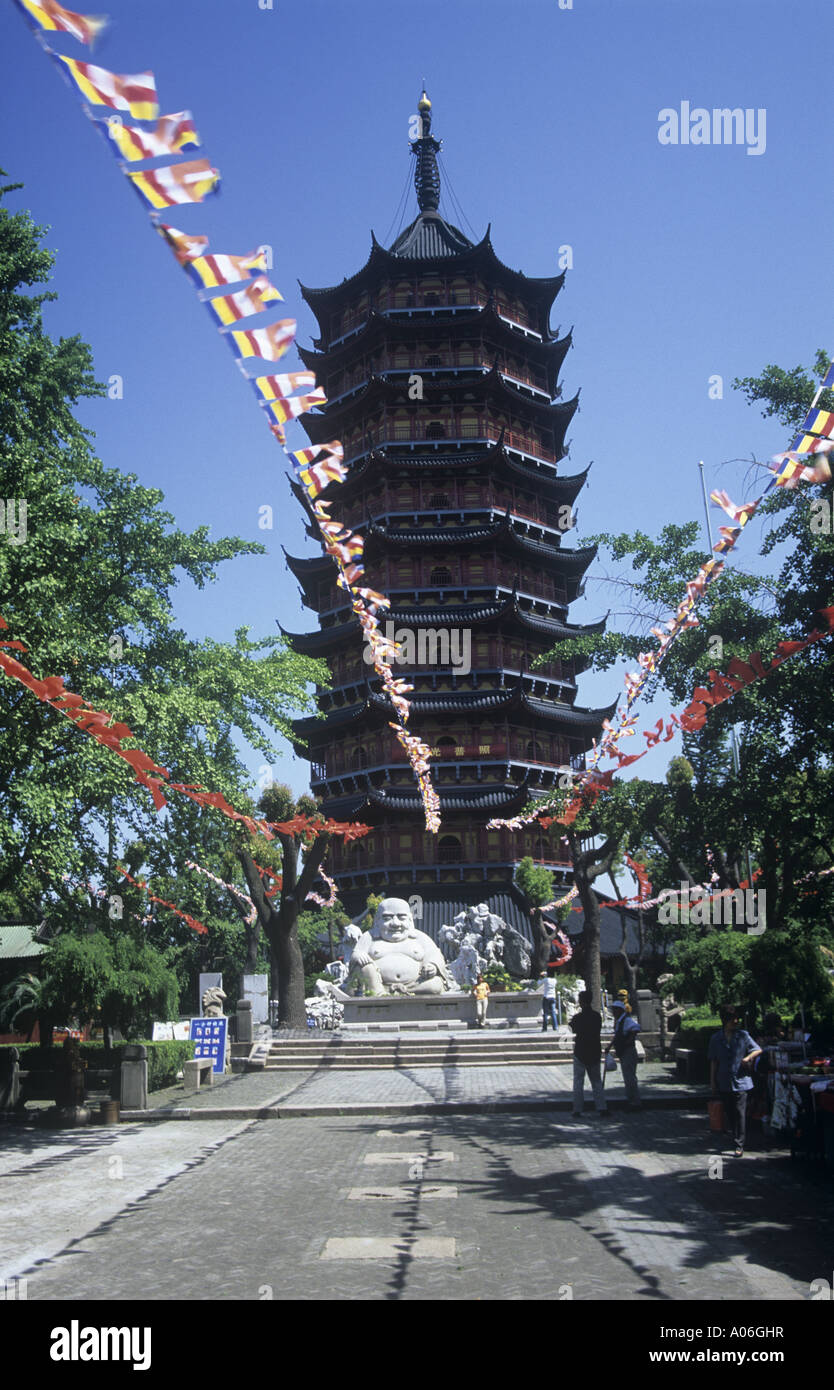 Flags line the walkway to the North Temple Pagoda in Suzhou Stock Photo ...