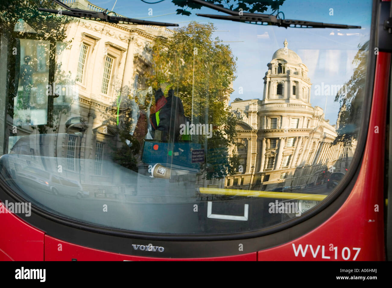 Whitehall reflected in the windscreen of a London Bus, london, UK Stock ...