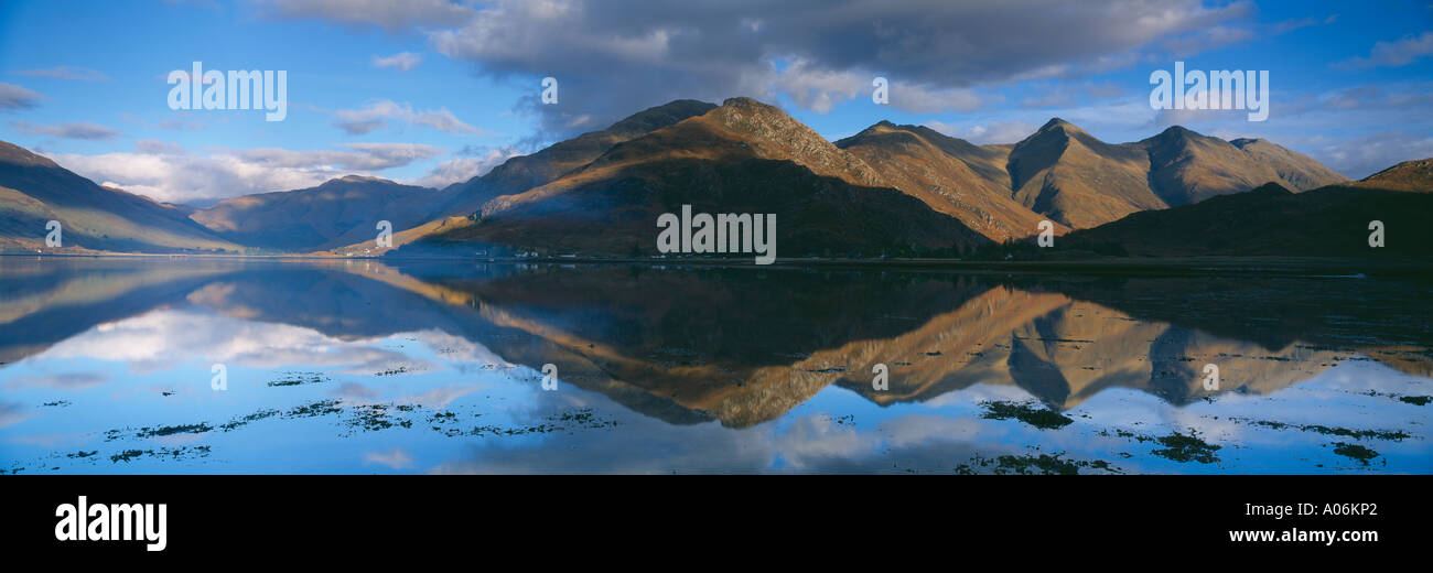 the Five sisters of Kintail reflected in Loch Duich nr Shiel Bridge ...