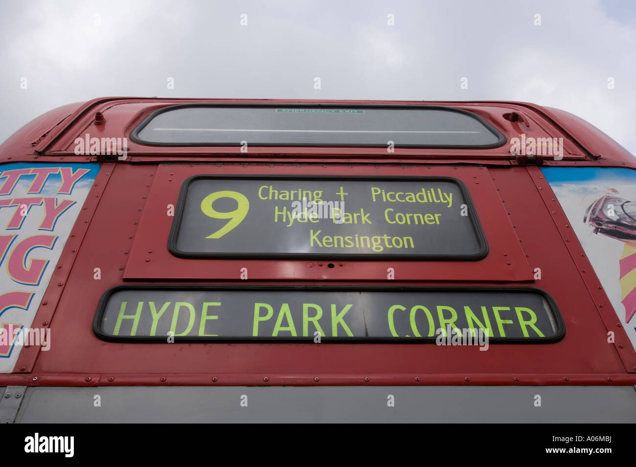 Back of Routemaster London Bus showing Hyde Park Corner Stock Photo - Alamy
