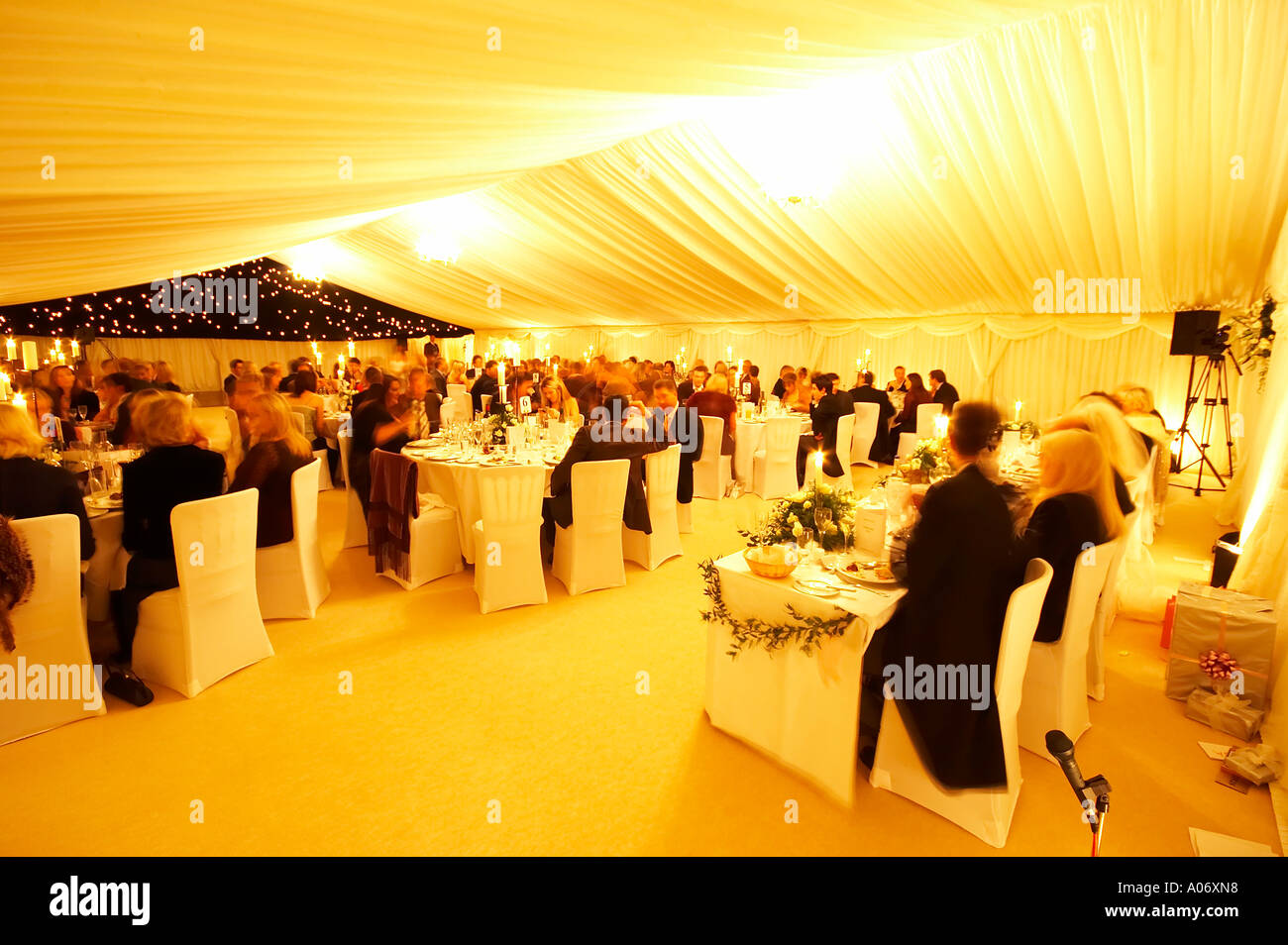 Wedding reception marquee under tungsten lighting Stock Photo - Alamy