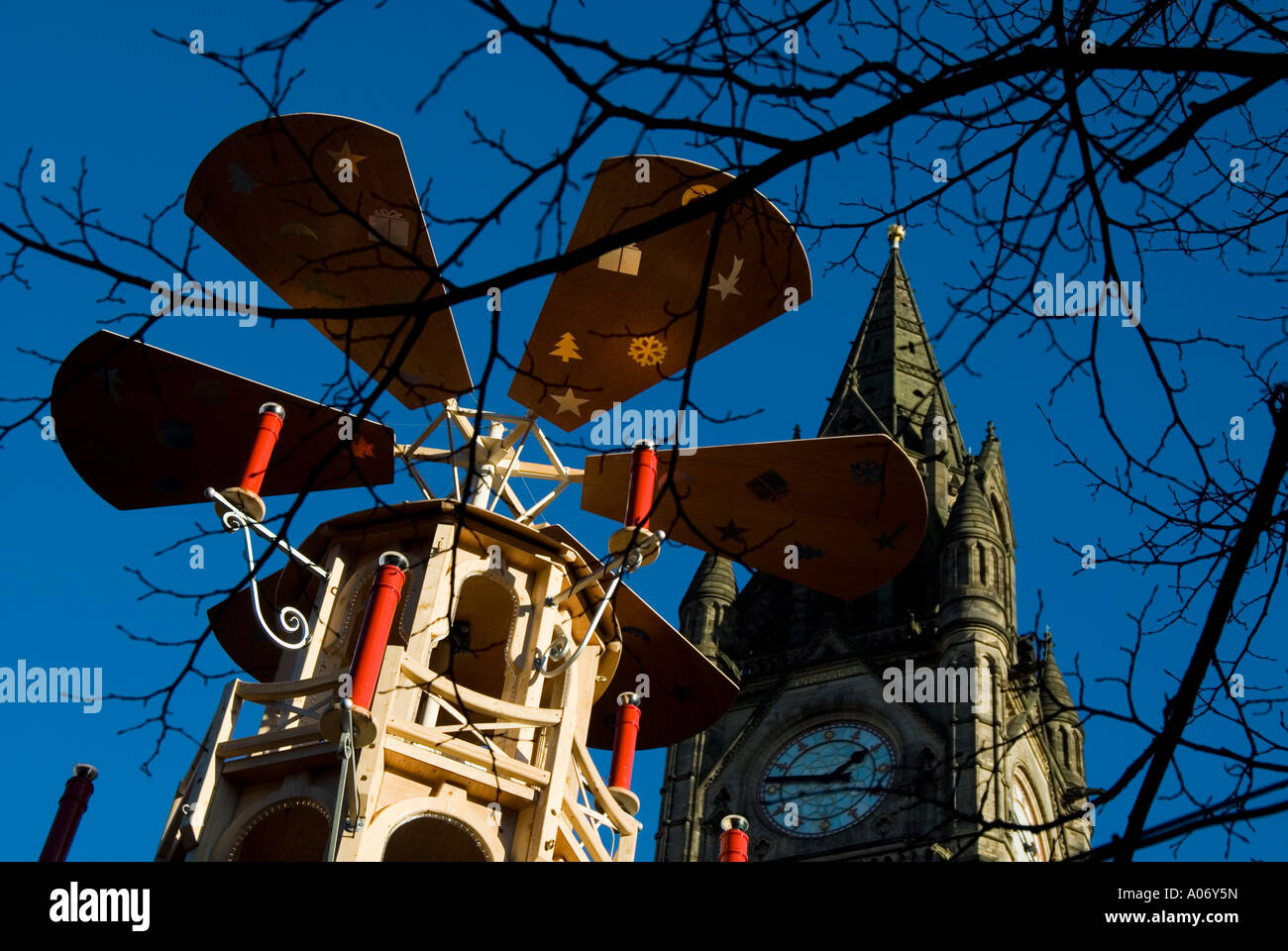 christmas display next to Manchester town hall tower Stock Photo - Alamy