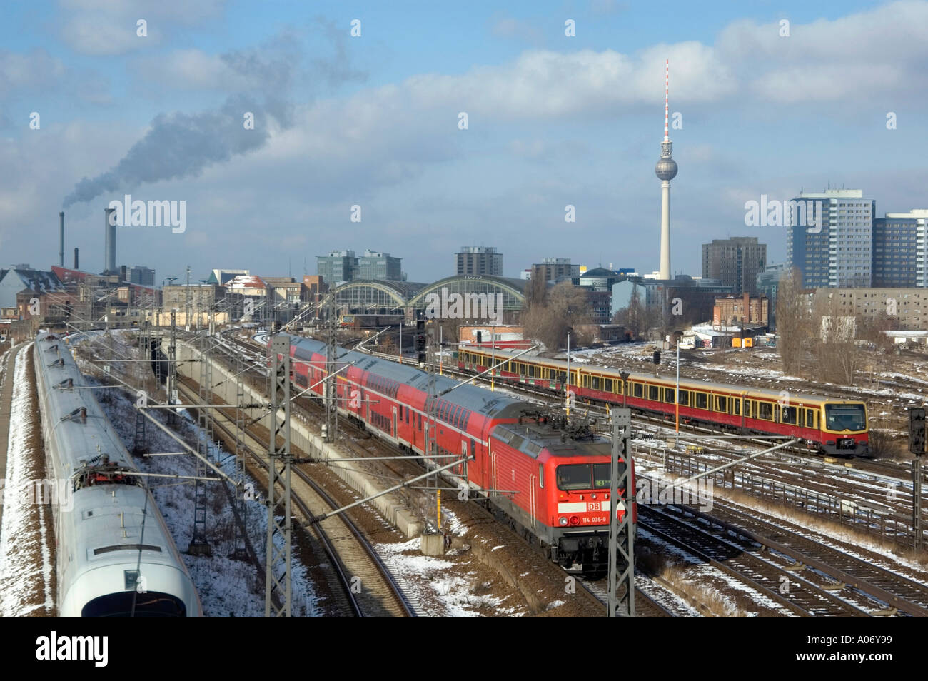 SUBWAY REGIONAL TRAINS IN EAST BERLIN WITH TV TOWER ON HORIZON GERMANY ...