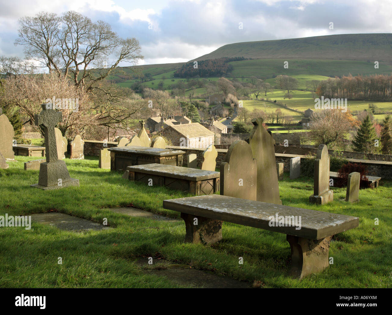 Downham, Lancashire, St Leonards Church yard, view to pendle hill, in ...