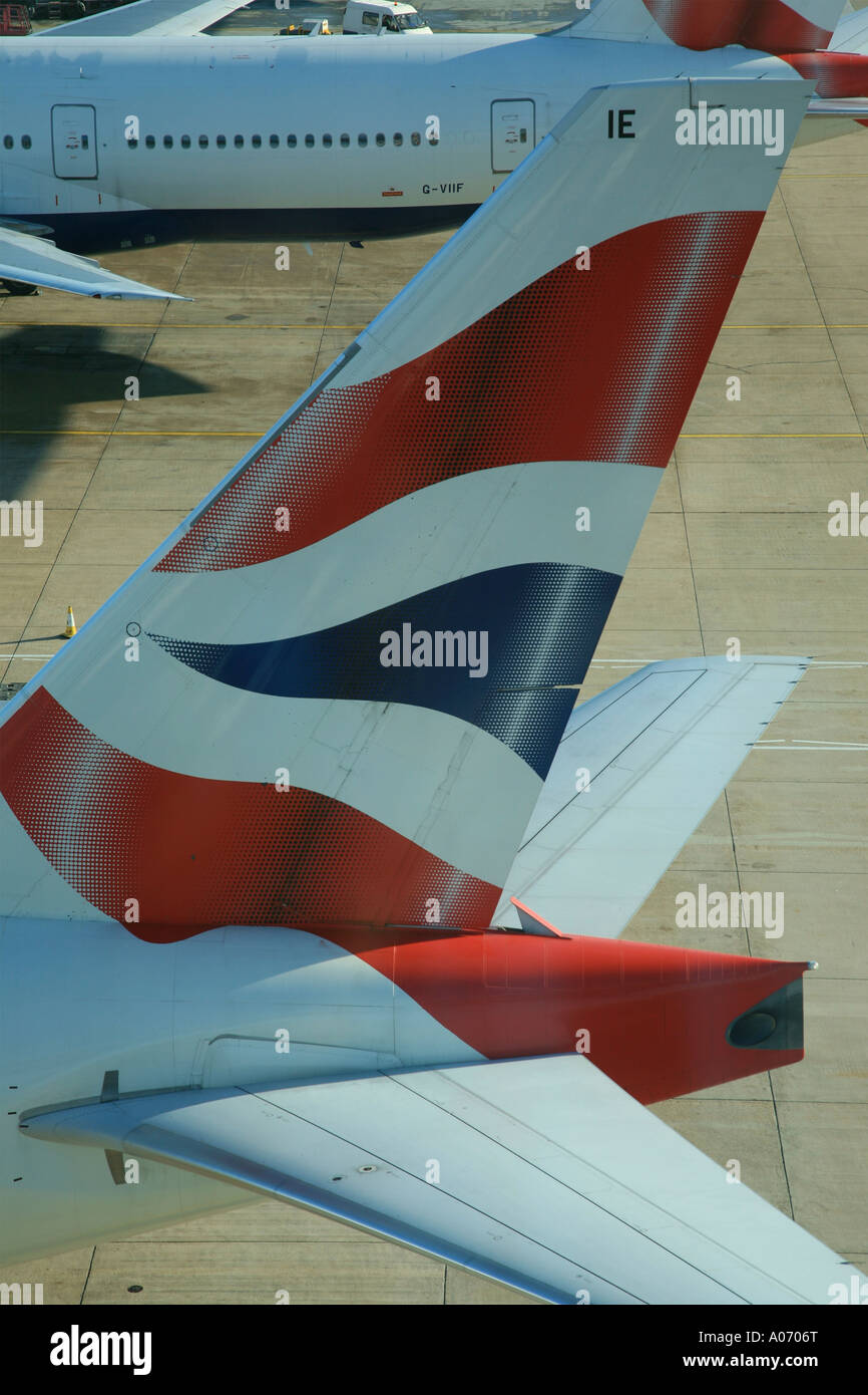 closeup of british airways tailplane at aircraft wing detail plus ...