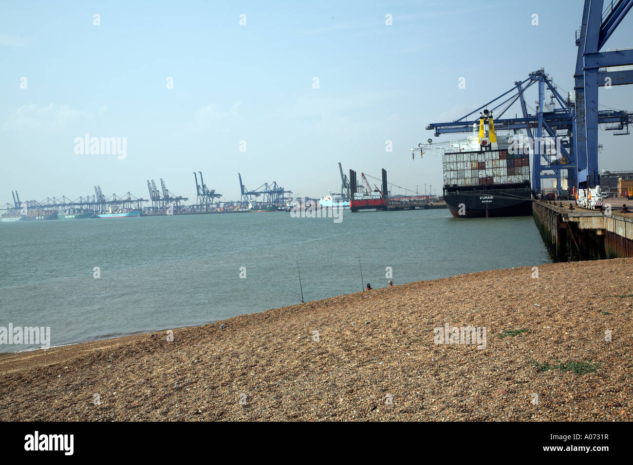 Container ship and cranes Port of Felixstowe docks, Suffolk, England ...