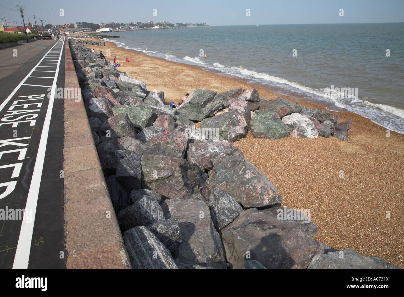 Rock armour coastal defences and sea wall Felixstowe beach Suffolk ...