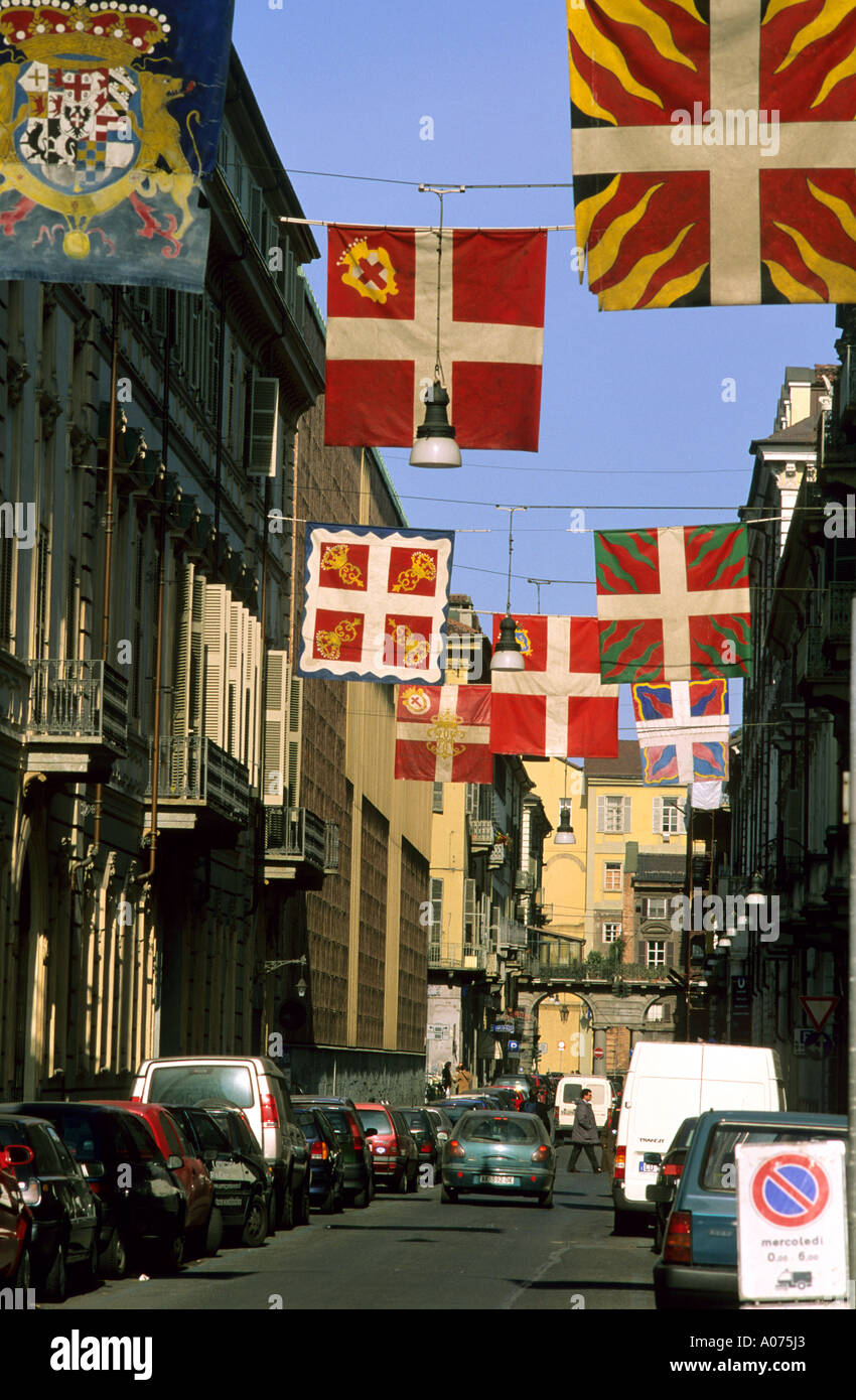 Guild flags in Turin, Italy Stock Photo - Alamy