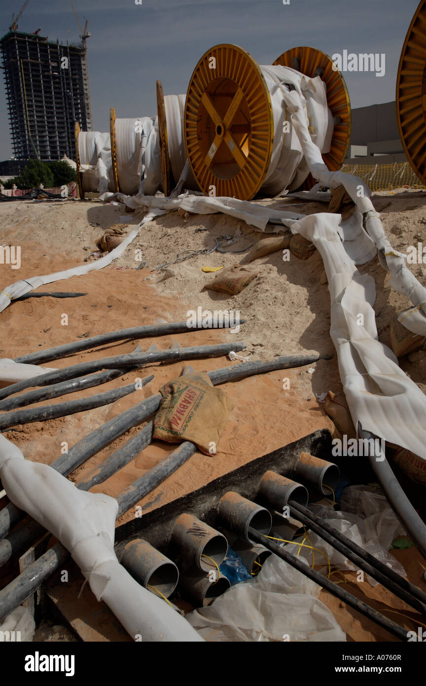 Graphic shot of large electricity power cable spools in dubai uae ...