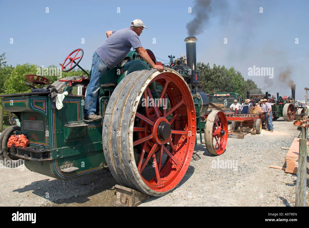 Close up steam traction engine man controlling steam power to drive a ...