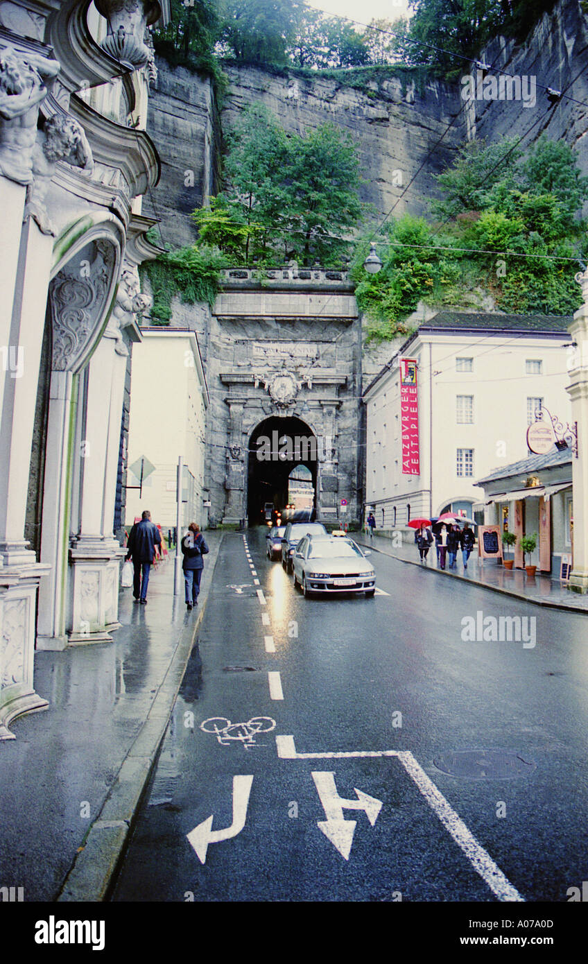 Gates to old city Salzburg from inside showing traffic markings on the ...