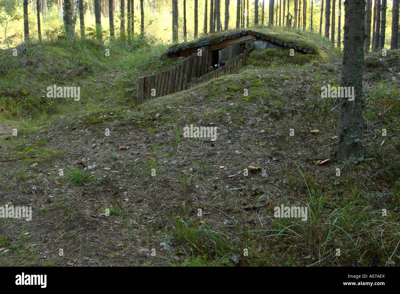 Entrance to a bunker in World War Two partisan camp where members of ...
