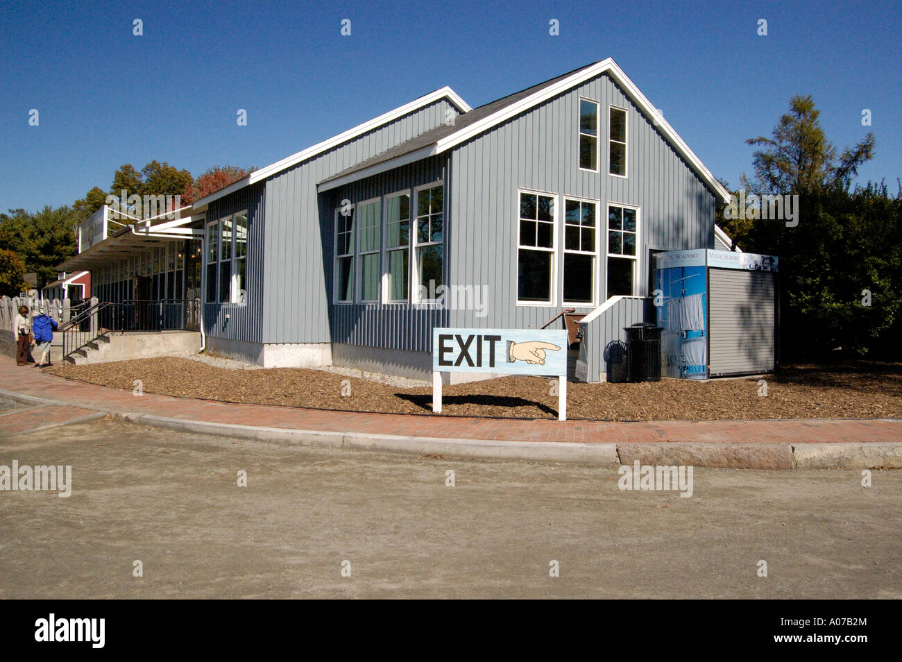 Sign showing direction of the exit from Mystic Seaport Stock Photo - Alamy