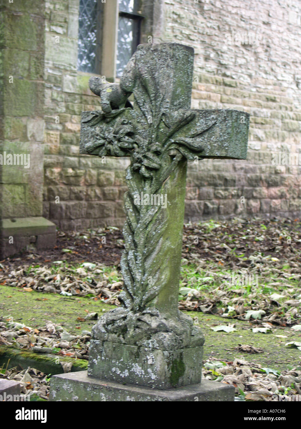 Church of St Peter in Hayton Nottinghamshire.A carved stone cross on a ...